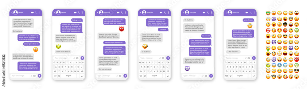 Smartphone messaging app, user interface design with emoji. SMS text ...