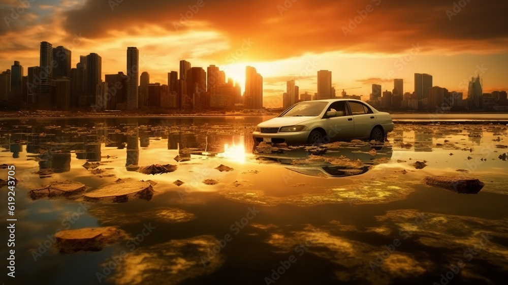 Rising sea level or flooding, fictional place, big city, water floods ...