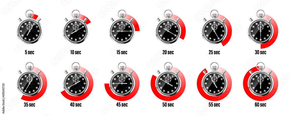 Realistic classic stopwatch. Shiny metal chronometer, black time ...