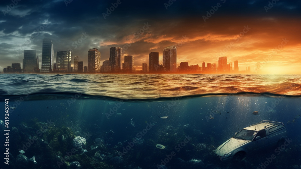 Rising sea level or flooding, fictional place, big city, water floods ...