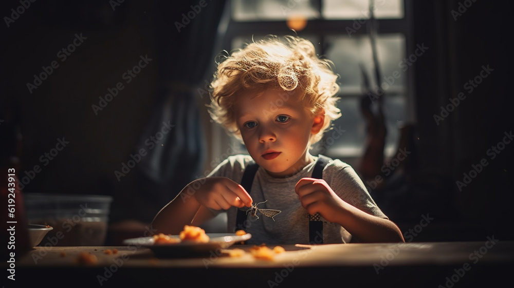 toddler kid boy eating, eating insects, bug with wings, sad or gripe ...
