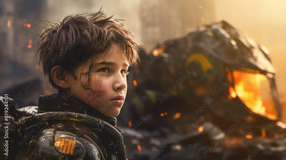 war against machines, teenager boy, in the background a destroyed ... war against machines, teenager boy, in the background a destroyed ...