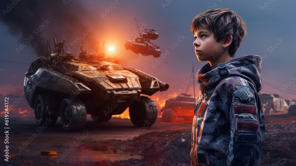 war against machines, teenager boy, in the background a destroyed ... war against machines, teenager boy, in the background a destroyed ...