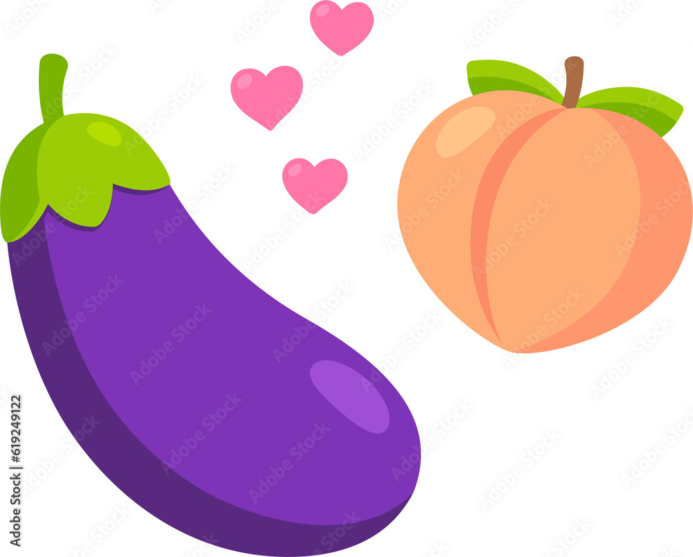 Cartoon Eggplant And Peach Emoji Icon With Hearts Stock Illustration