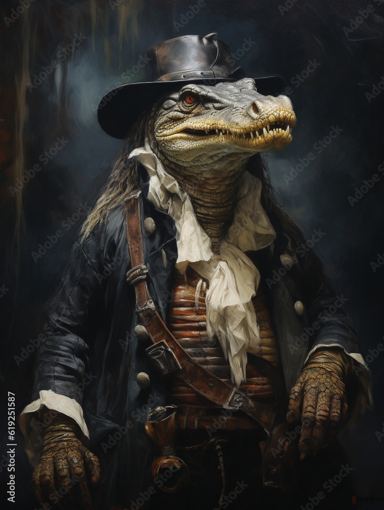 An Oil Painting Portrait of an Alligator Dressed Up as a Pirate ...