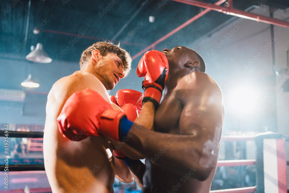 Gym atmosphere, Two professional fighters posing on the sport boxing ...