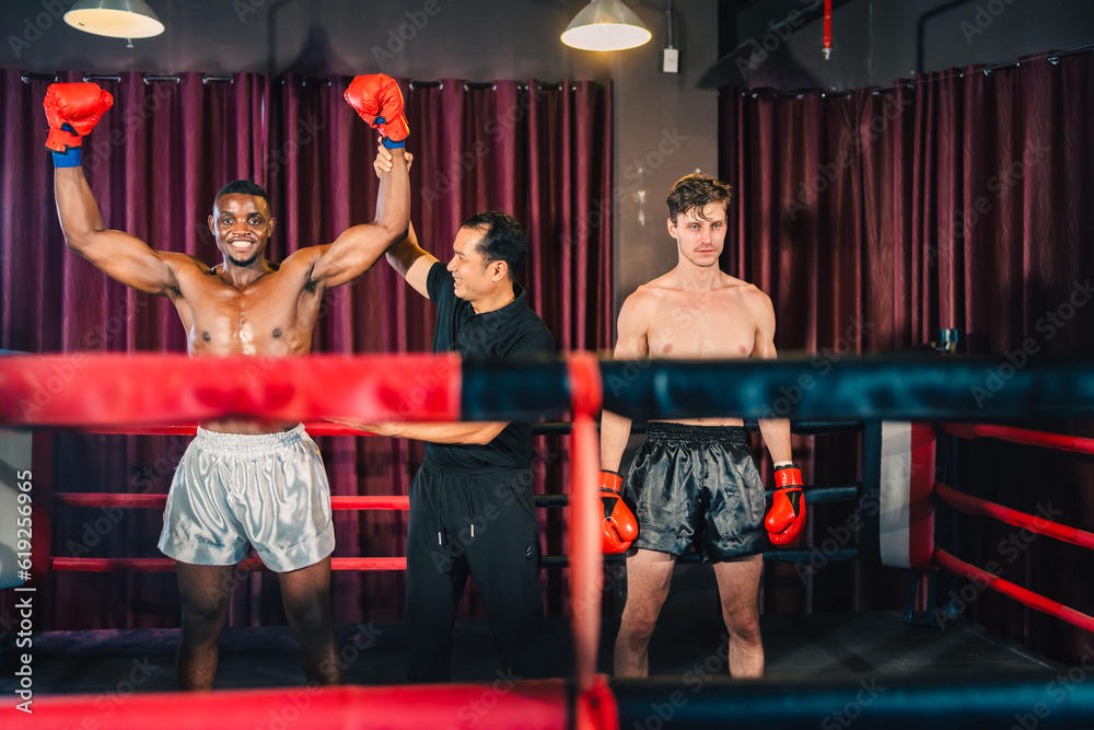 Gym atmosphere, Two professional fighters posing on the sport boxing ...