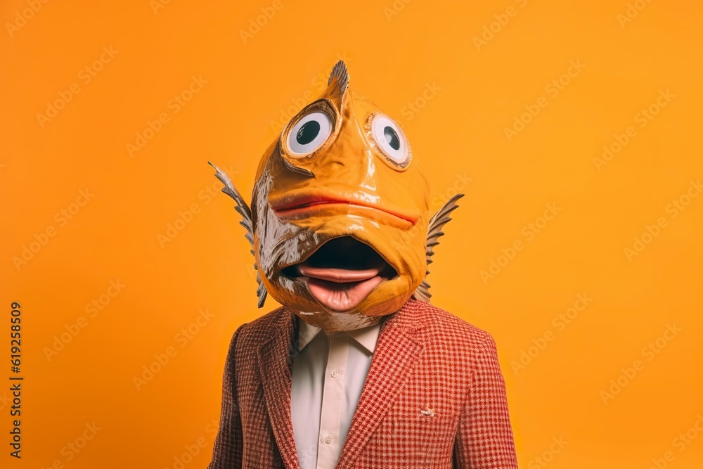 In an orange studio, a man confidently poses in a suit with a unique ...