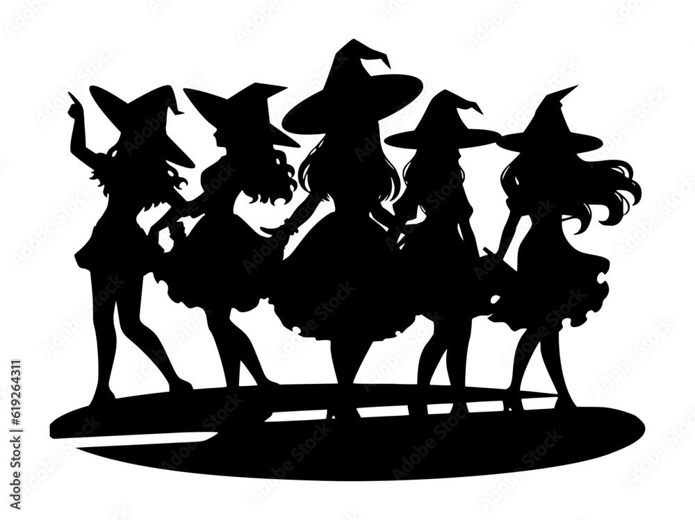 Witches dancing at a Halloween party. Women in witch costume. Black ...