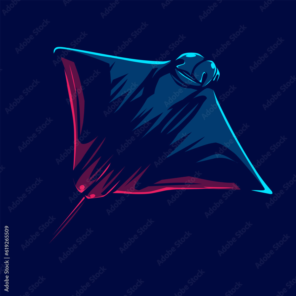 Manta ray logo with colorful neon line art design with dark background ...