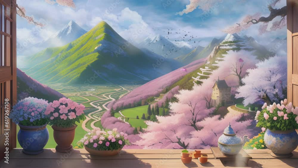 Beautiful fantasy spring nature landscape and pink cherry blossom tree ...