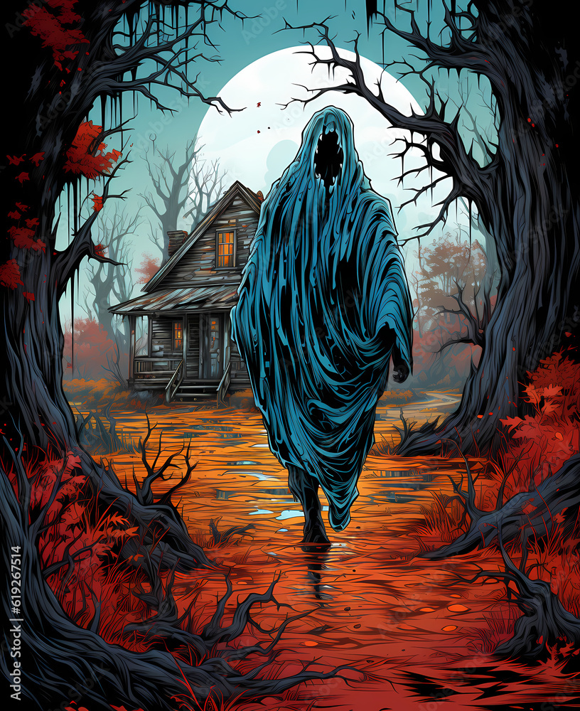 Creepy stalking monster by a cabin in the woods nightmare scene Stock ...