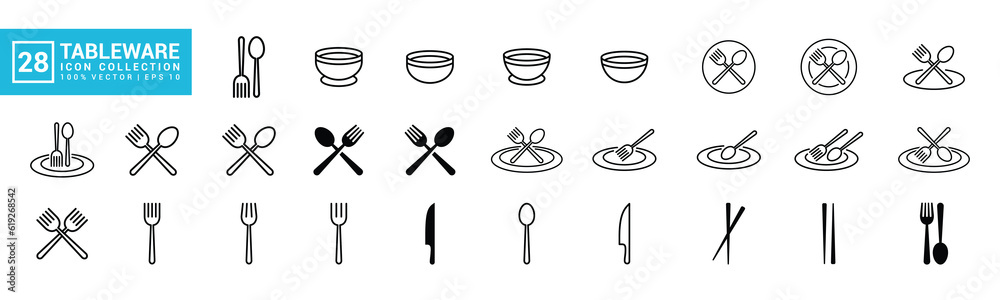 Poster Collection of tableware icons, kitchen, cook, chef, editable and ...