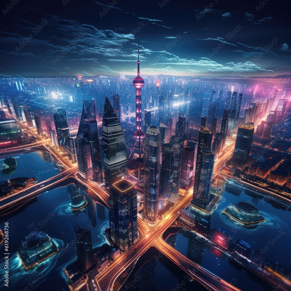 Aerial view of a futuristic cityscape at night with towering ...