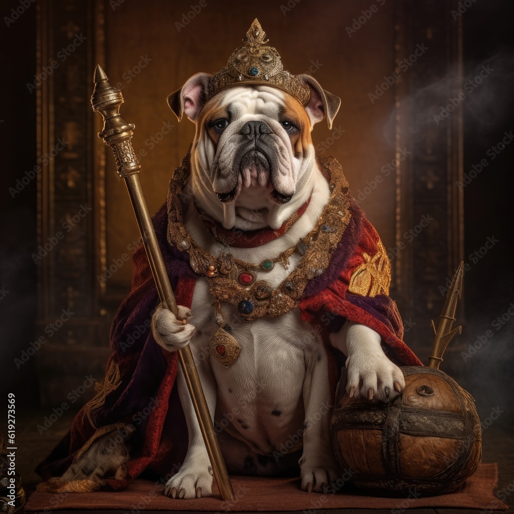 Bulldog dressed as a king complete with a royal scepter Stock ...