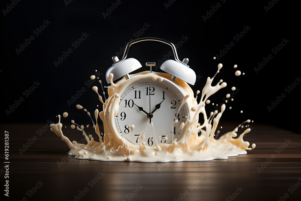 Milk clock. splashed milk on the floor black background. The concept is ...