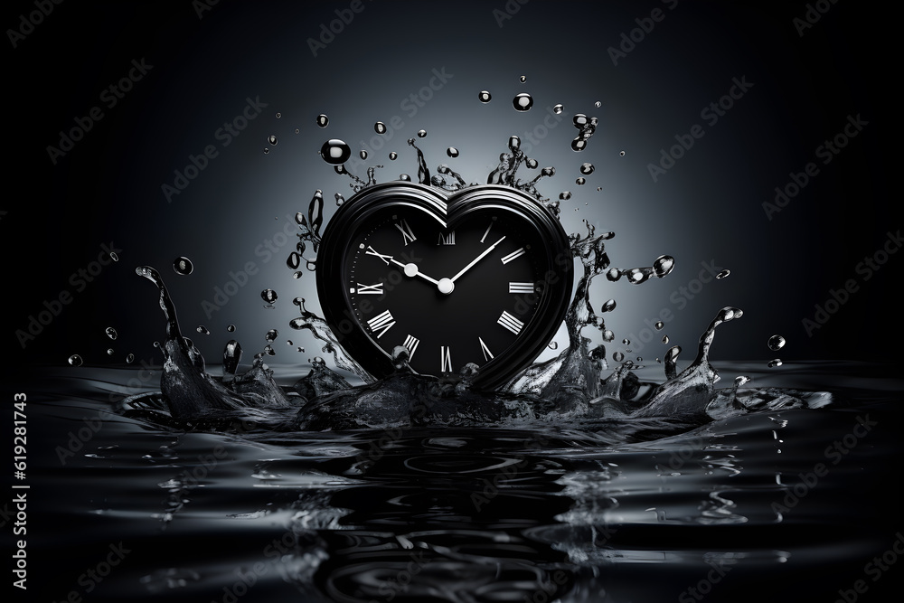 Classic black heart clock on the water. Splash and ripple on black ...