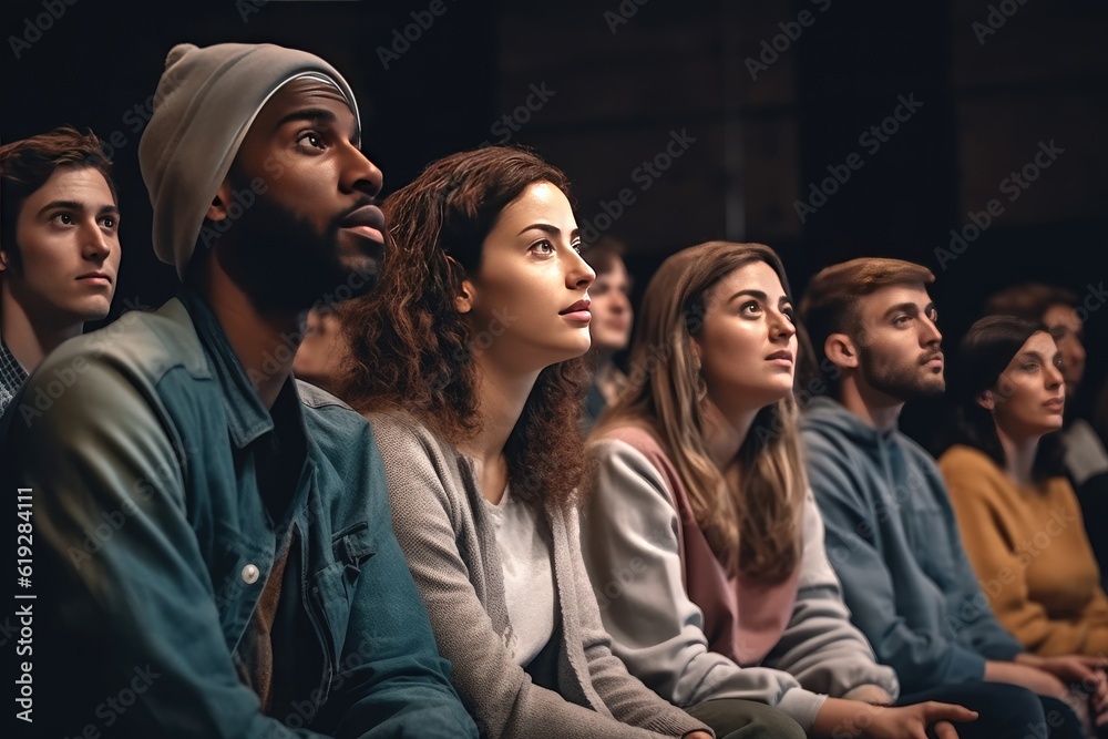 Stockfoto Active diverse multiracial male female audience. Side profile ...