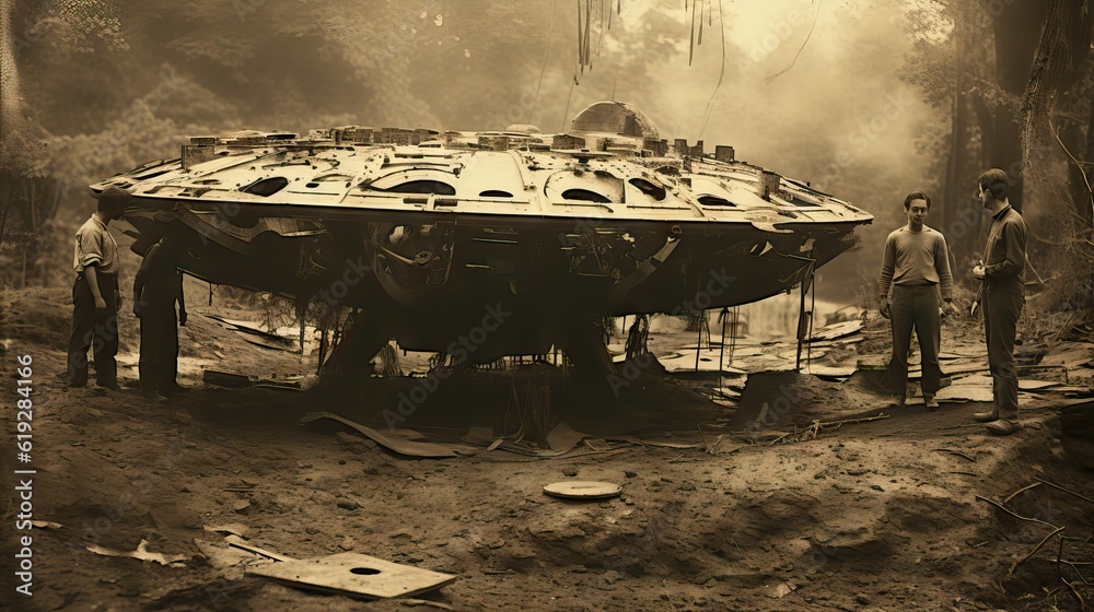 An illustration of a 1955 photograph featuring engineers investigating ...