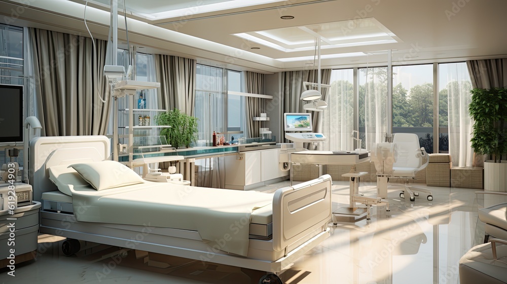 Luxury hospital room with nature view.Hospital room with beds in a ...