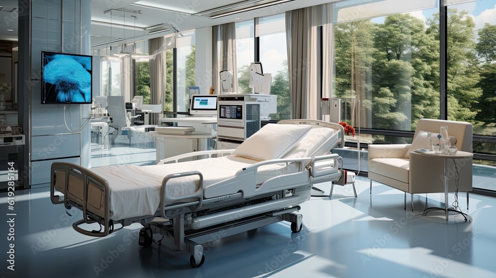 Luxury hospital room with nature view.Hospital room with beds in a ...