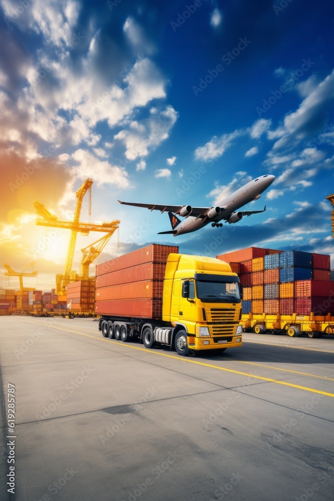 Container truck ,ship in port and freight cargo plane in transport and ...