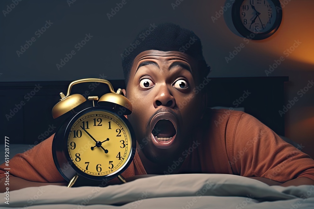Shocked african american men laying in bed and looking at alarm on ...