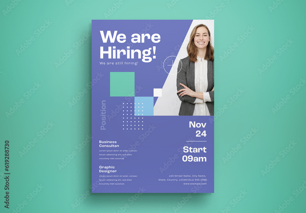 Blue Geometric We're Hiring Flyer Layout Stock Template | Adobe Stock