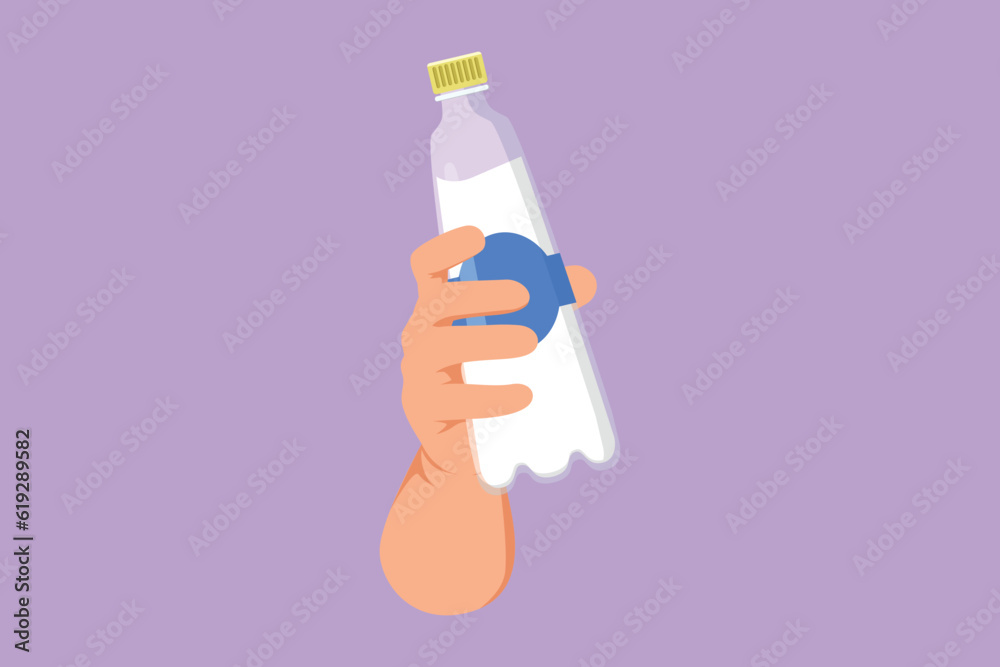 Cartoon flat style drawing people hand holding plastic bottle of pure ...