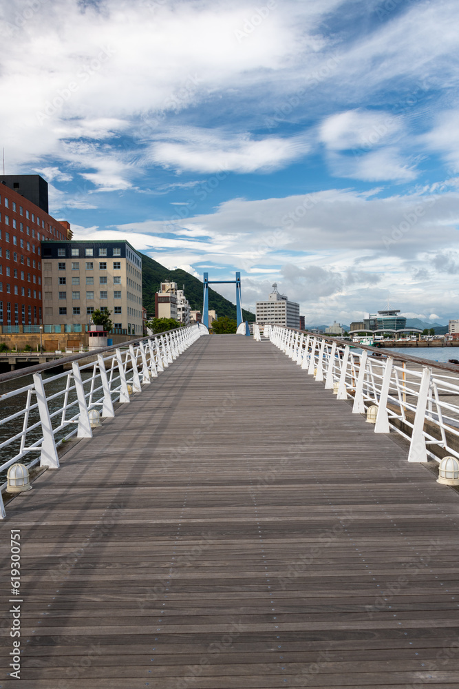 Blue wing Moji bridge in Moji port retro area in Japan Stock Photo ...