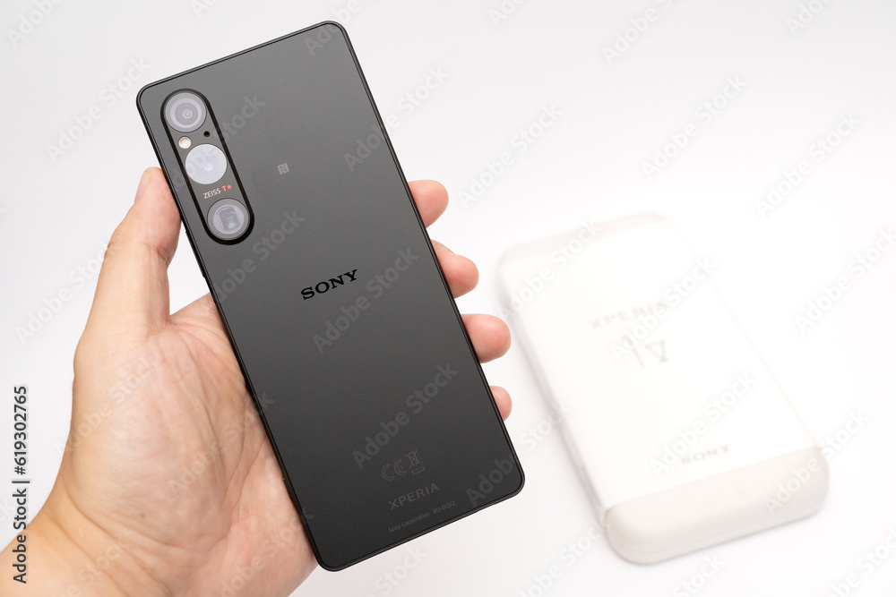 Hand holding a Sony Xperia 1 mark 5 or Sony Xperia 1V. a new technology ...