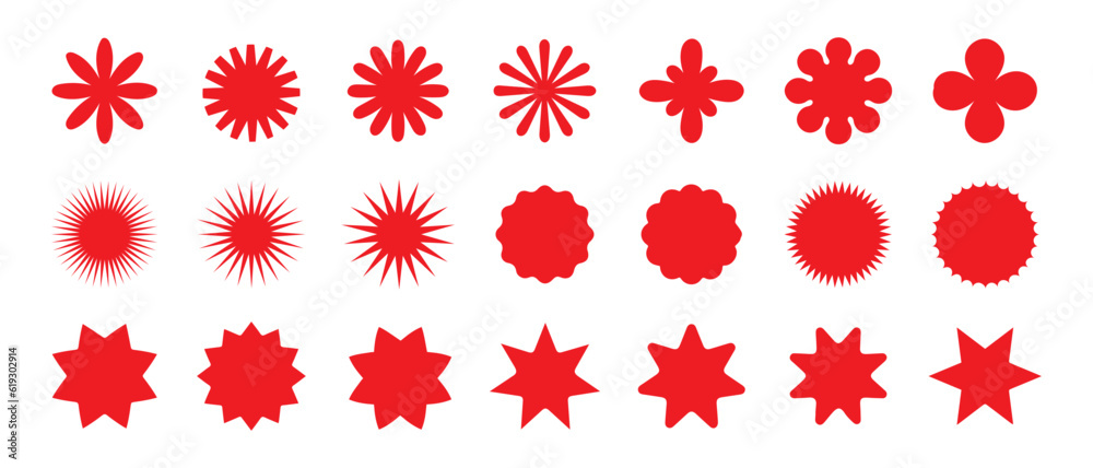 Set of red starburst, brutalism figure star shapes, Star flower, sun ...