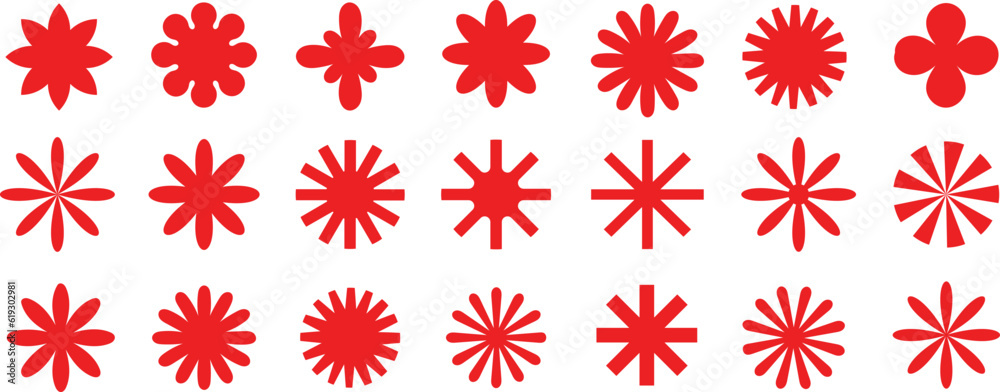 Set of red starburst, brutalism figure shapes, Star flower, sun ray ...