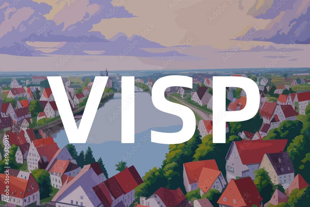 Vecteur Stock Visp: Beautiful painting of a Swiss town with the name ...