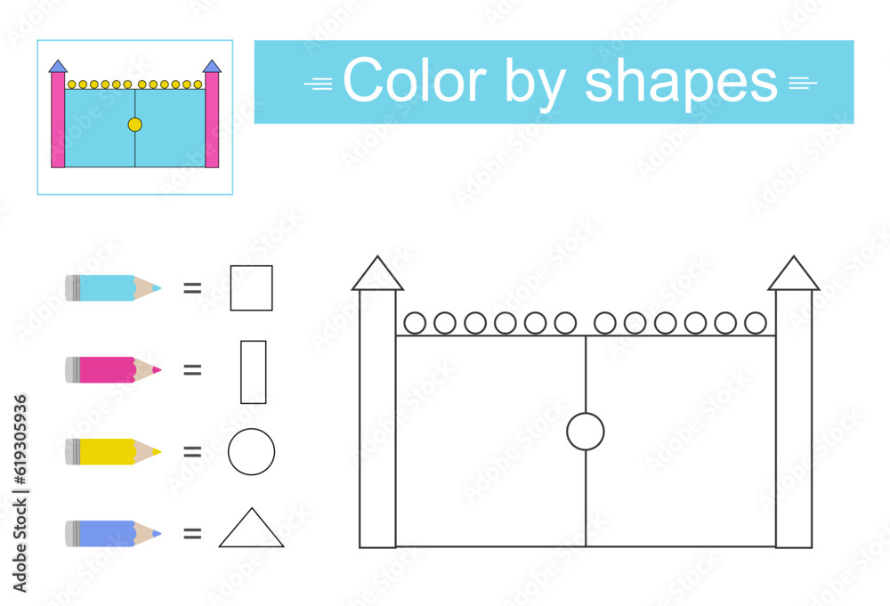 Coloring pages. Color by shapes. Vector illustration of cartoon gate ...