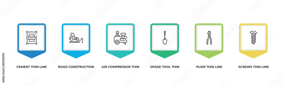 set of construction outline icons with infographic template. thin line ...