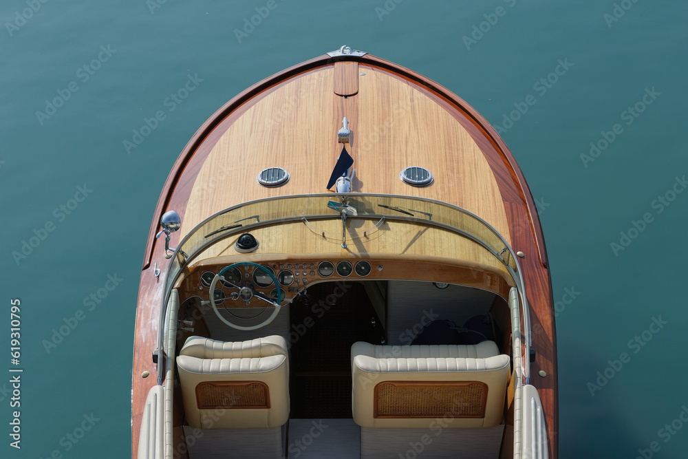 Part of a wooden boat on a blue background top view. Boat with white ...