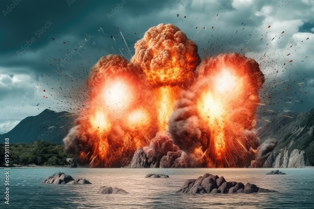 volcanic eruption causing explosive rocks to be launched into the ocean ...