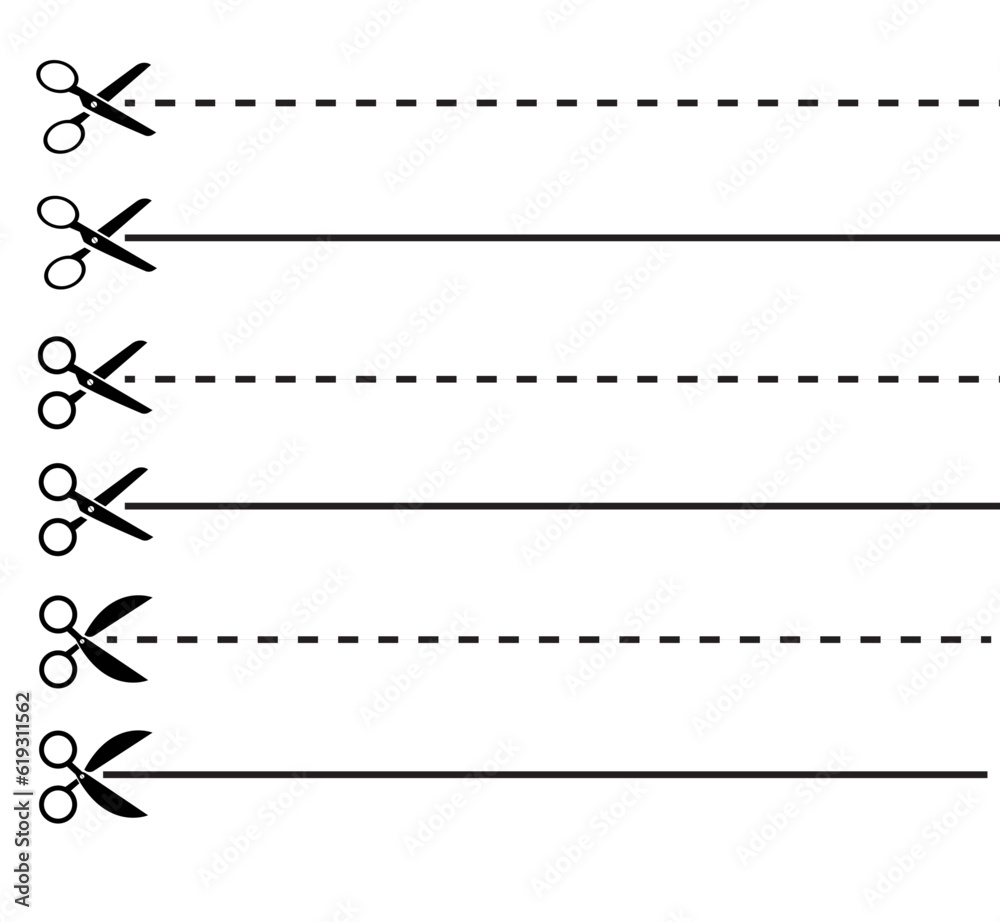 Scissors and tear line, cutting line symbol. Black and white vector ...