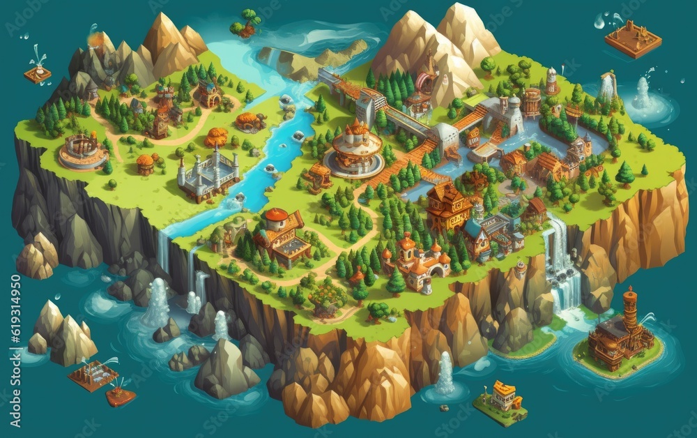Ariel view of the game map world with mountains and rivers. Stock ...