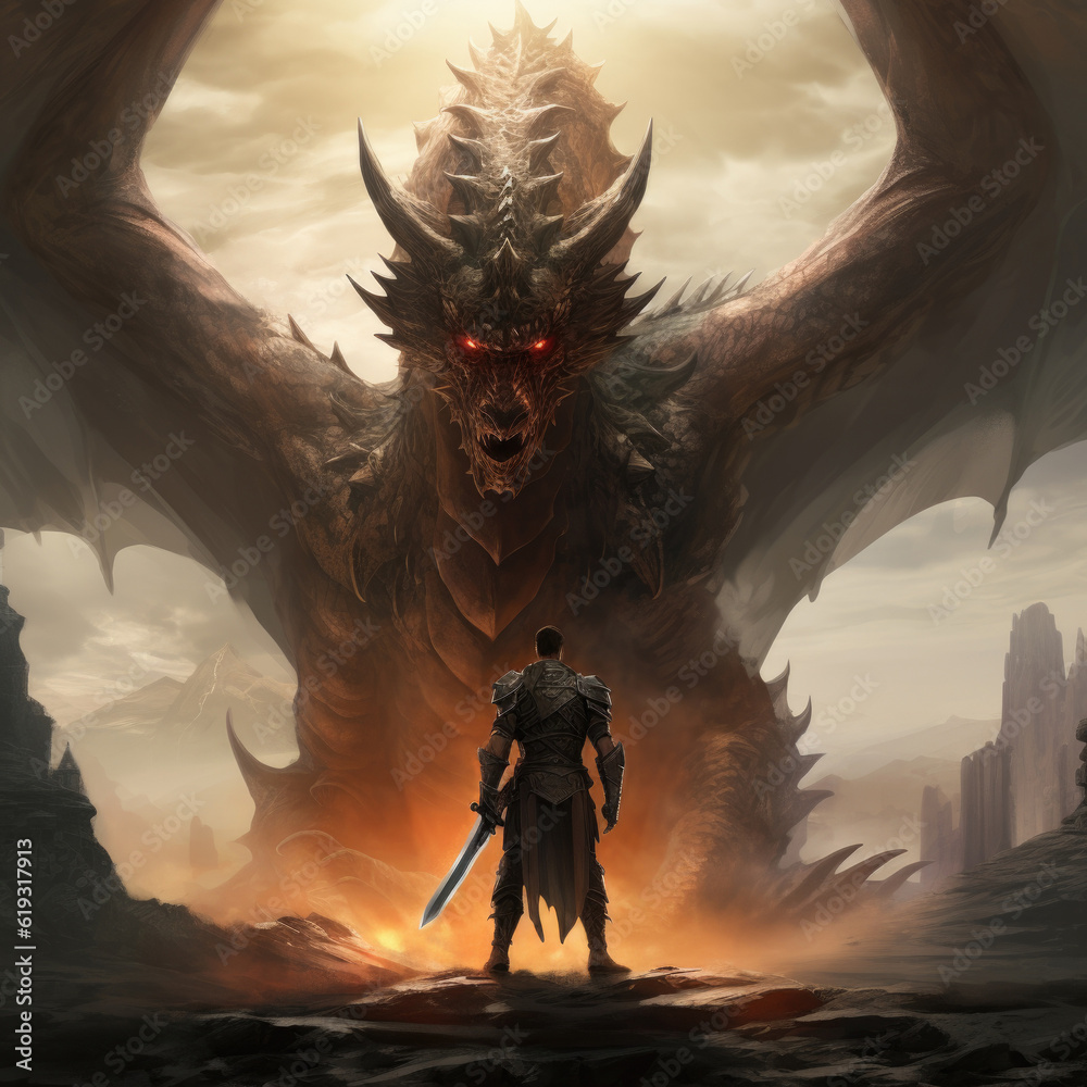 In a realm of fantasy, a formidable male warrior and a majestic dragon ...