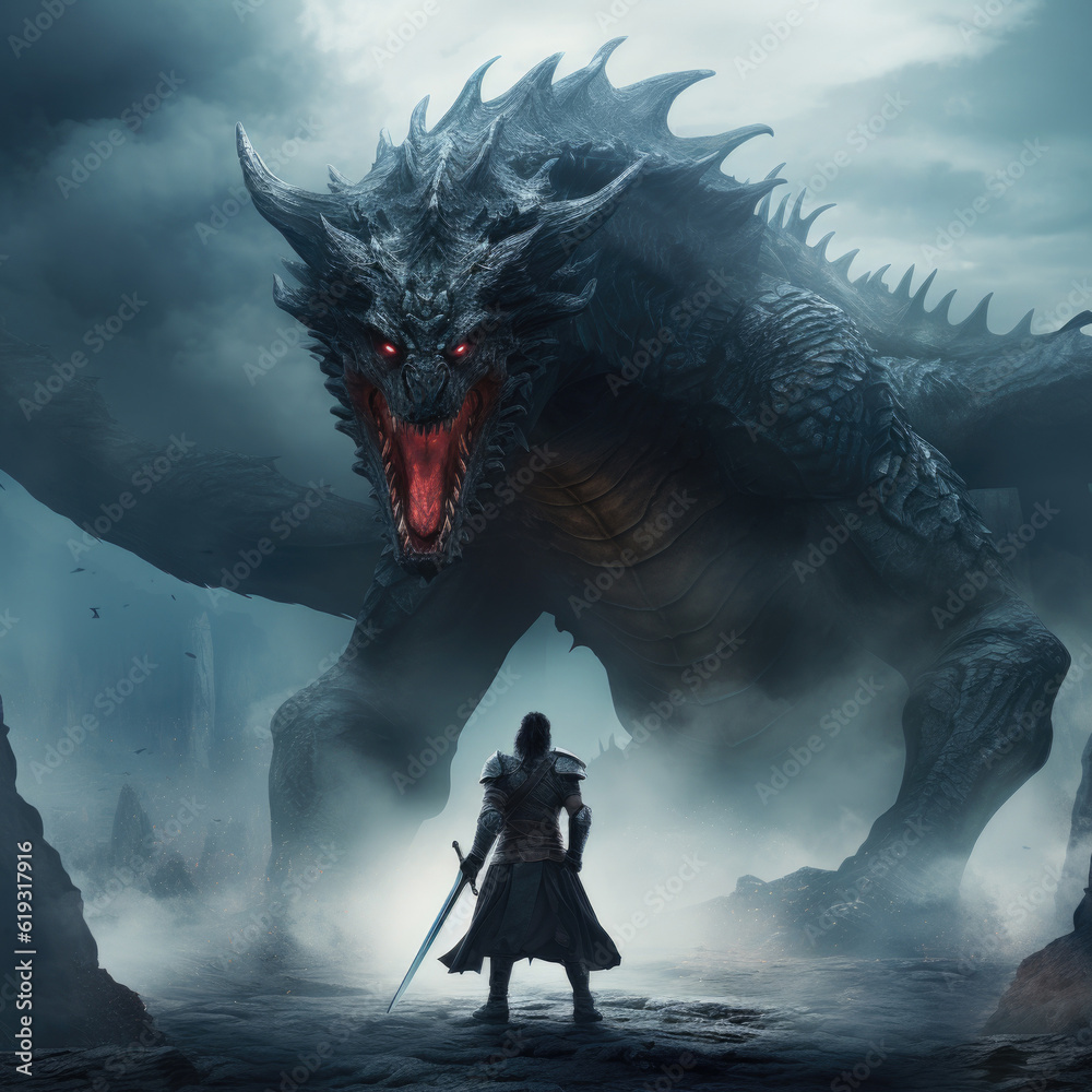 In a realm of fantasy, a formidable male warrior and a majestic dragon ...