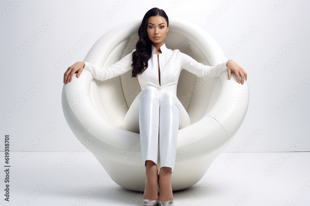 Generative AI - Avant-garde: A woman sitting provocatively in a white ...