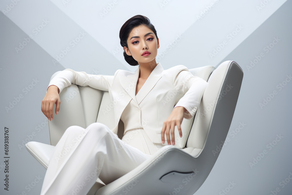 Generative AI - Avant-garde: A woman sitting provocatively in a white ...