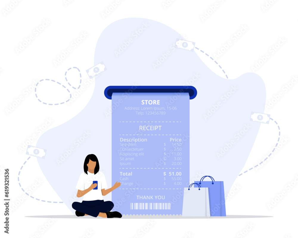Receipt concept illustration. Suitable for landing page, ui, web, App intro card, editorial ...