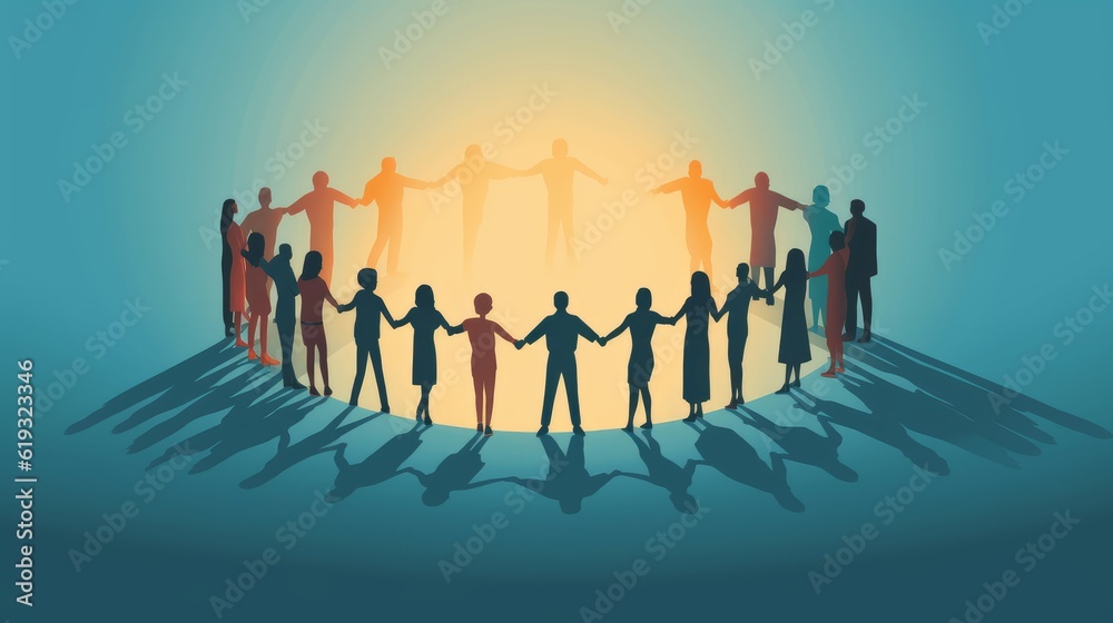 Simple illustration of a group of people holding hands, forming a circle of support and ...
