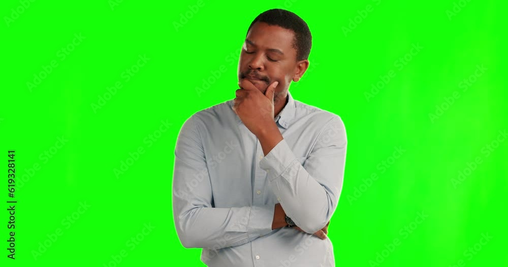 Confused, black man and thinking of ideas on green screen, chroma key ...