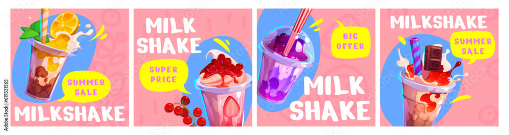 Cartoon set of promo banners for milkshake menu. Vector illustration of ...