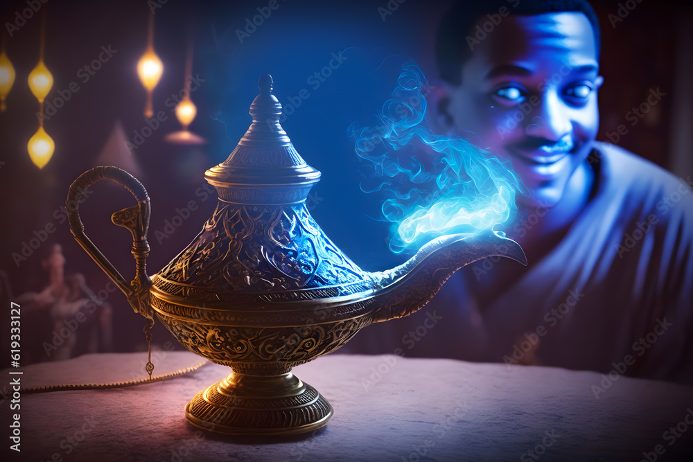 Lamp of wishes magic light blue smoke coming out of the bottle and a ...