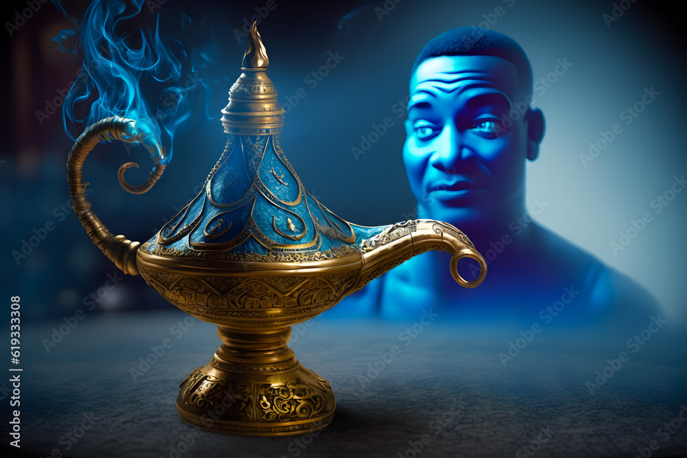 Lamp of wishes magic light blue smoke coming out of the bottle and a ...